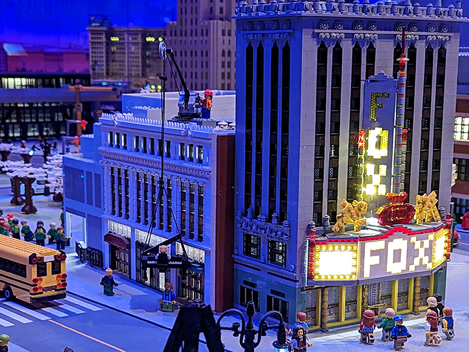 The iconic Fox Theatre sign glows in miniature splendor, proving that even entertainment venues look better in LEGO form.