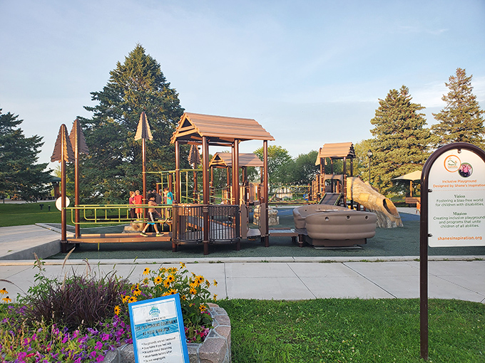 This playground lets little lumberjacks burn energy while parents enjoy a moment of peace in Paul Bunyan's backyard.