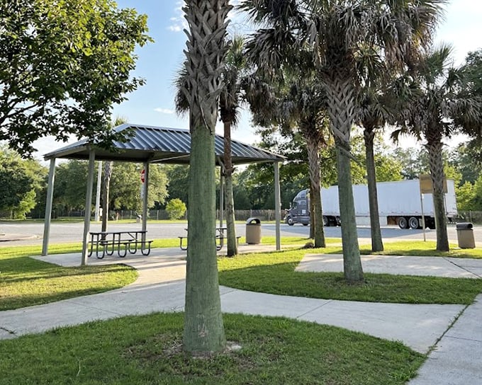 Those shaded picnic pavilions might as well have a sign saying "First Vacation Sandwich Tastes Better Here."