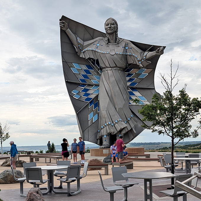 The magnificent "Dignity" sculpture reaches skyward, a breathtaking tribute to Native American heritage that commands both attention and reflection from visitors.