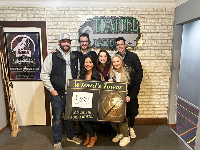 Triumphant puzzle-solvers celebrate their victory at the Wizard's Tower, proudly displaying their completion time after saving the magical world.