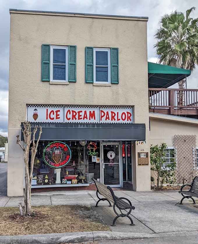 Pinecone's Ice Cream Parlor brings back the glory days of classic ice cream shops with its cheerful retro storefront and sweet promises.
