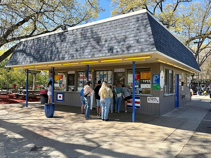 Sunshine bathes Captain Sundae's service window where patient customers wait for scoops of Michigan summer in cone form.