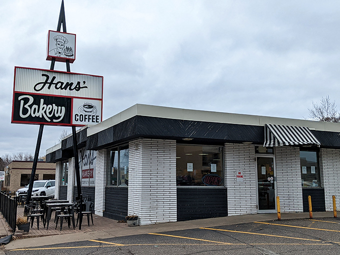 A landmark for donut lovers! Hans' Bakery's distinctive sign has guided hungry visitors to sweet satisfaction for decades in Anoka.