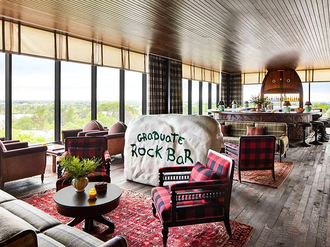 The Rock Bar lounge area invites guests to linger over drinks while soaking in panoramic views of East Lansing.