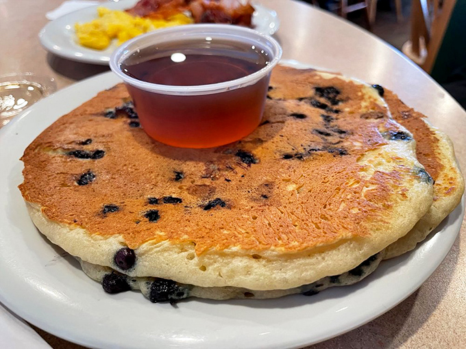 Blueberry pancakes that could make you weep &ndash; fluffy discs studded with wild Maine berries and swimming in real maple syrup.
