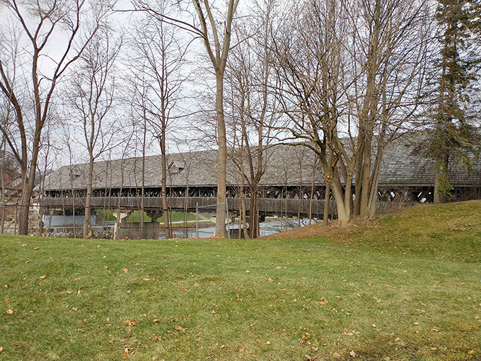 Nestled among trees and greenery, the bridge appears as if it grew naturally from the Michigan landscape, a perfect marriage of nature and craftsmanship.