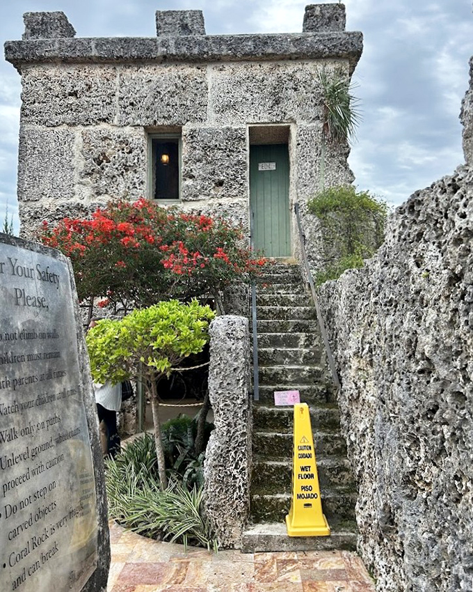 Stone steps lead to mysterious chambers, where Florida sunshine filters through coral doorways creating dancing shadows.