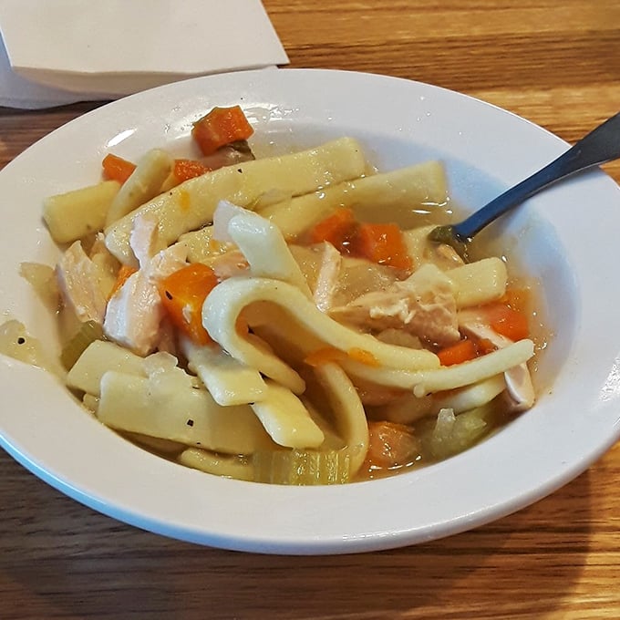 Homestyle chicken noodle soup that puts the "comfort" in comfort food &ndash; thick noodles swimming in broth that tastes like it simmered all day.
