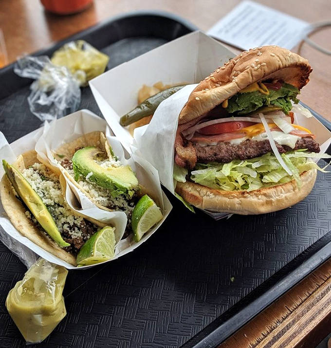 Del Gordo Burger And Taco Nortenos: The ultimate can't-decide meal—authentic street tacos alongside a towering burger create the perfect culinary compromise.