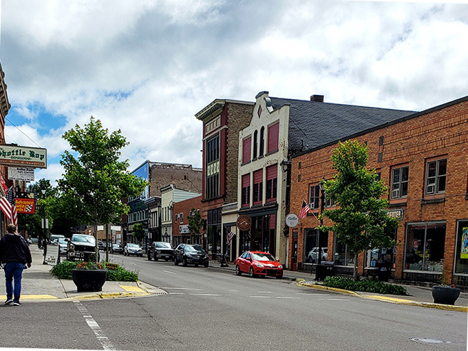 Brick facades and vintage storefronts line Hancock's historic downtown, where Finnish businesses have operated for generations alongside newer establishments.