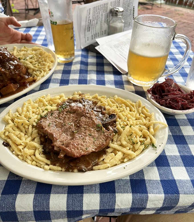 Meat meets masterpiece on this plate of sauerbraten nestled on a bed of spaetzle. The red cabbage adds a pop of color that says, "Ja, this is the real deal!"