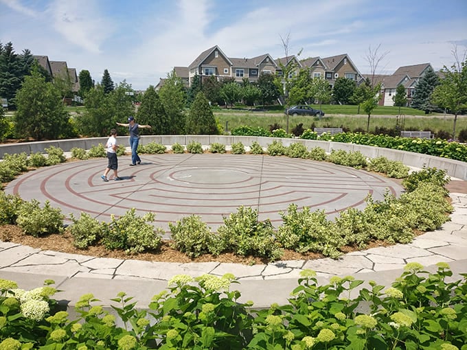 The labyrinth area offers a meditative walking experience, proving that not all winter activities require risking your tailbone on slippery surfaces.