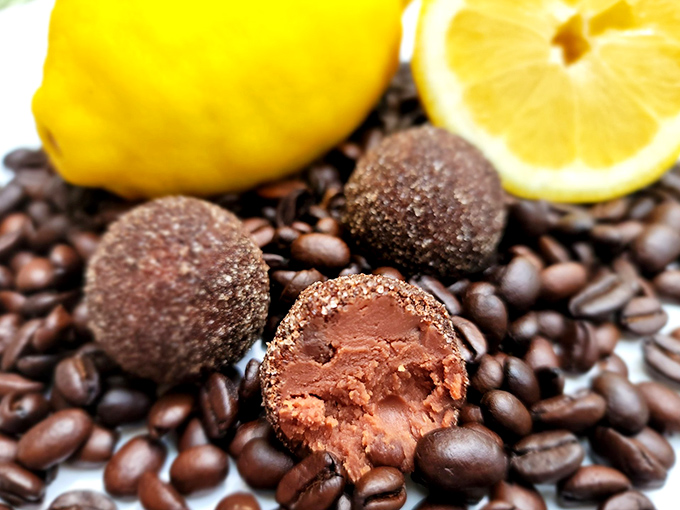 Lemon S'presso truffles combining citrus brightness with coffee richness, like sunrise and your morning cup had a delicious chocolate baby together.