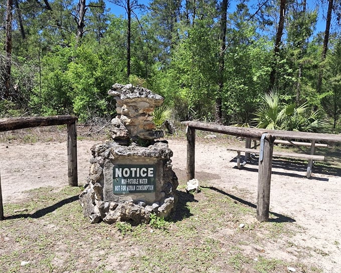Nature's warning sign: This rustic stone marker reminds us we're visitors in a wild place&mdash;even the water plays by different rules here.