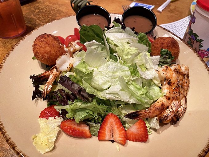 Fresh greens and succulent shrimp create a colorful oasis on your plate &ndash; proof that not all prehistoric meals were meat-heavy.