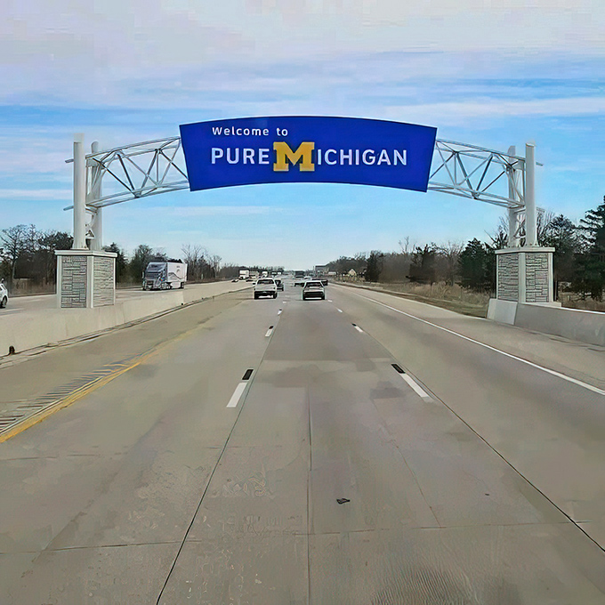 This majestic gateway spans the highway like a blue ribbon cutting ceremony, officially declaring your arrival in Pure Michigan territory.