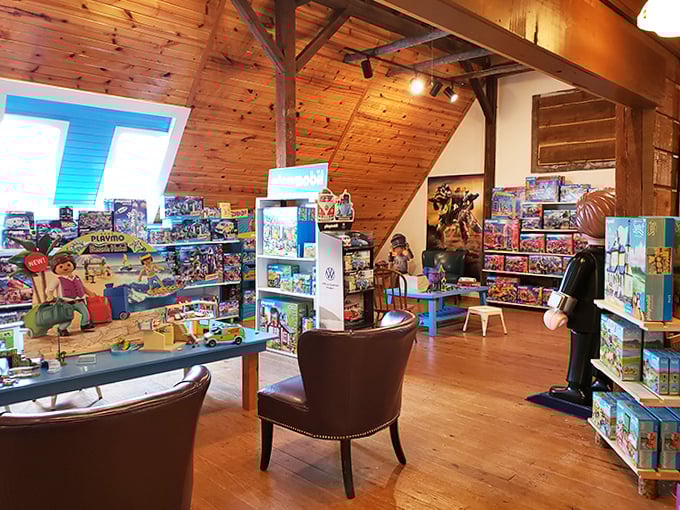 Toy Play Area: Rustic beams frame modern play spaces where decisions are made through the ultimate research method: hands-on testing.