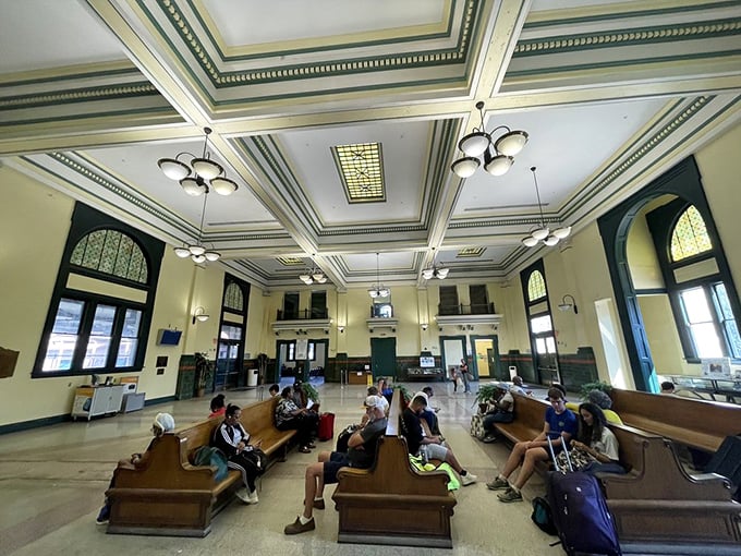 The grand waiting room of this historic station whispers stories of travelers past while comfortably seating today's adventurers.