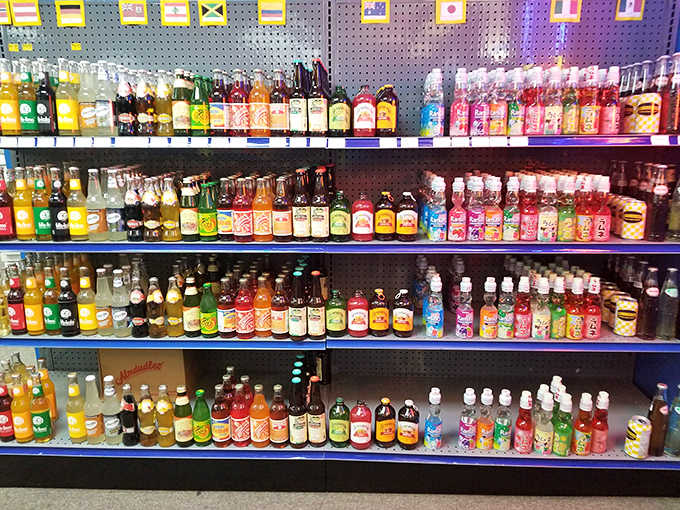 The soda selection spans from nostalgic classics to bizarre experiments, creating a liquid library of fizzy possibilities that boggle the mind.