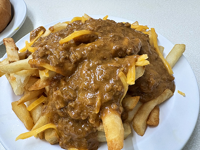 Chili cheese fries that could make a grown person weep with joy, because sometimes excess is exactly what the doctor ordered.