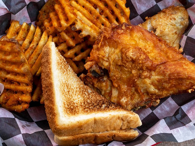 The perfect trifecta &ndash; golden chicken, waffle fries with valleys designed for maximum ketchup capacity, and toast for sopping up every last bit of flavor.