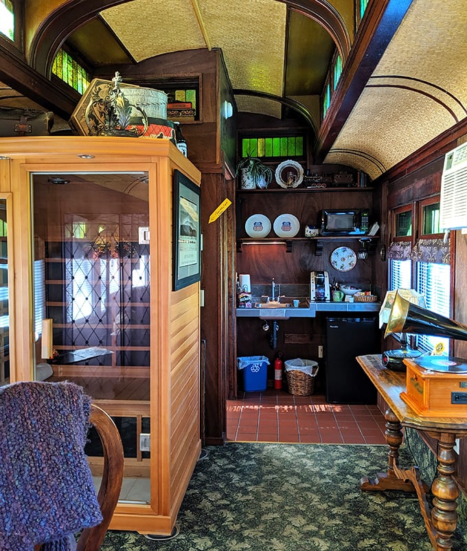 The compact kitchen area proves that efficient design isn't a modern concept&mdash;railroad engineers mastered it decades ago.