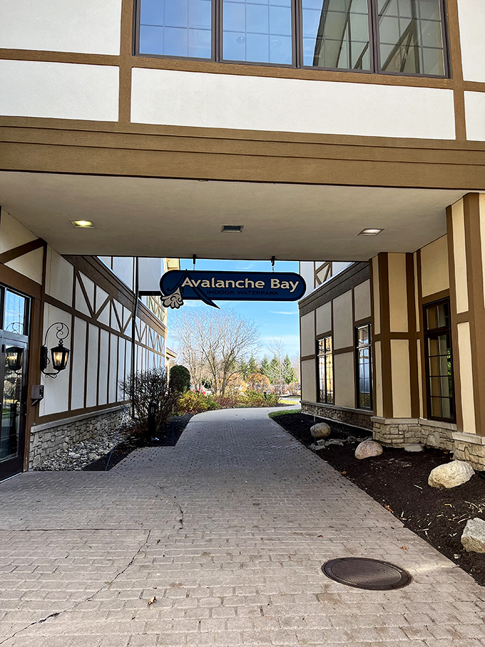 The welcoming pathway to Avalanche Bay invites visitors into its warm embrace, a stark contrast to Wisconsin's often frosty outdoor temperatures.