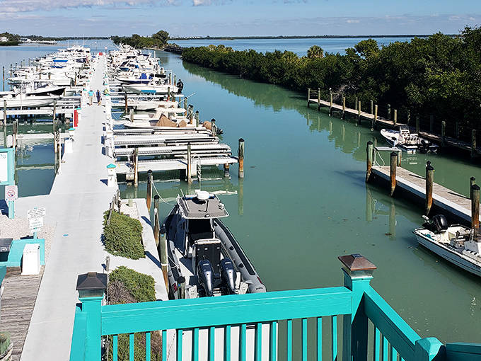 The marina's neat rows of vessels stand ready for adventure, their hulls reflecting in waters so clear you can count the fish below.