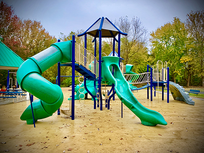 Morrisville Community Park delivers playground fun for the kiddos. Those slides look slick enough to make adults "accidentally" take a turn too.