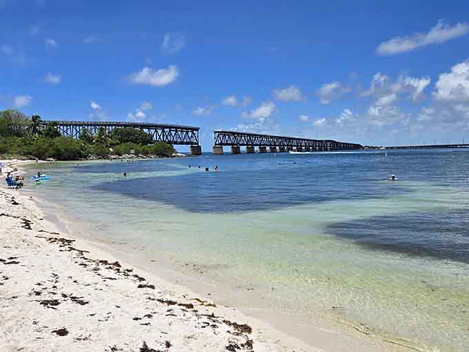 That old railroad bridge and turquoise water create the classic Florida Keys postcard view everyone dreams about.