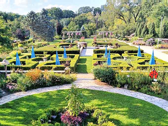 Geometric precision meets natural beauty in the formal gardens, where blue umbrellas pop against meticulously maintained hedges like exclamation points.