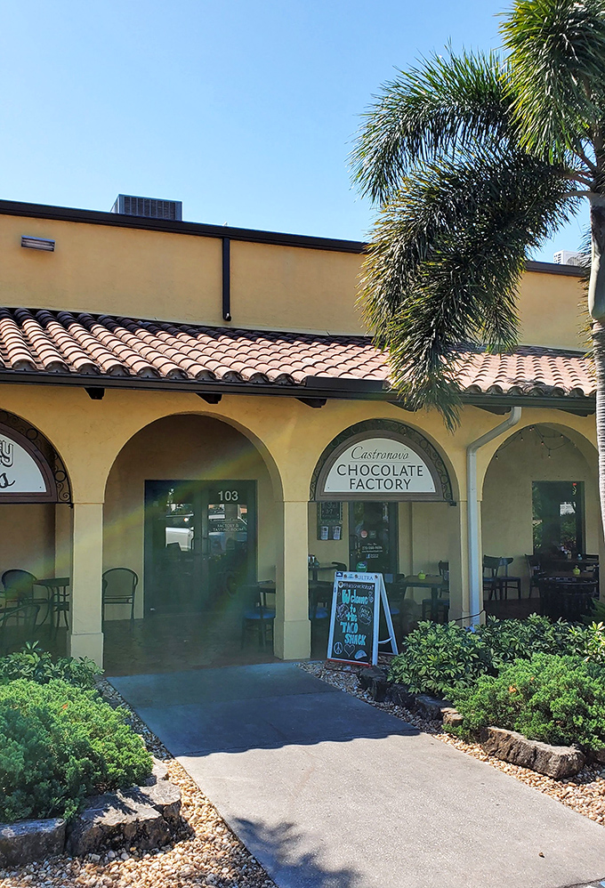 Sunshine bathes Castronovo's entrance, welcoming chocolate enthusiasts to discover the complex flavors and artisanal approach of this hidden Stuart gem.