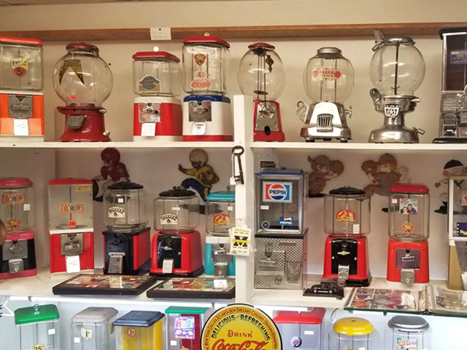 Antique gumball machines stand at attention like colorful soldiers from a sweeter era. One penny for happiness was the best exchange rate ever.