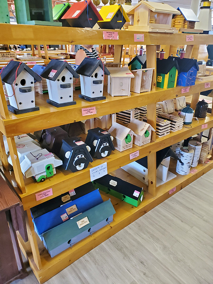 A rainbow of birdhouses awaits feathered visitors, each one uniquely designed and painted to brighten gardens across America.
