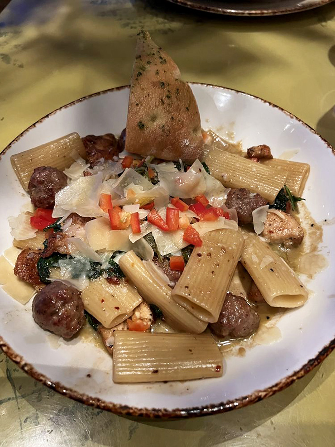 The Chicken & Sausage Rigatoni combines Italian comfort with prehistoric portions &ndash; pasta substantial enough to fuel a day of dinosaur tracking.