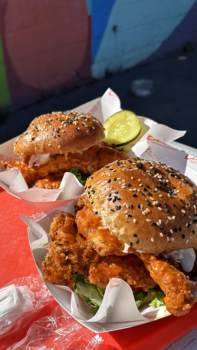Fried chicken sandwiches on seeded buns with all the fixings prove that Canteen Creemee Company isn't just a one-trick pony in the dessert department.