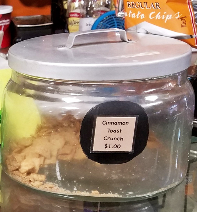 Cinnamon Toast Crunch stands ready for snack emergencies – because sometimes only nostalgic cereal will do after conquering the climbing wall.