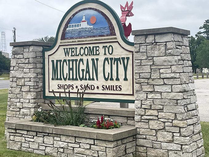 Michigan City greets travelers with charming stone pillars and a lighthouse motif – a perfect preview of the coastal delights that await.