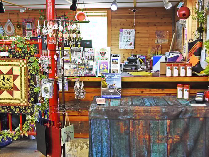 Rustic meets refined at the counter area, where vintage aesthetics blend with modern retail convenience.