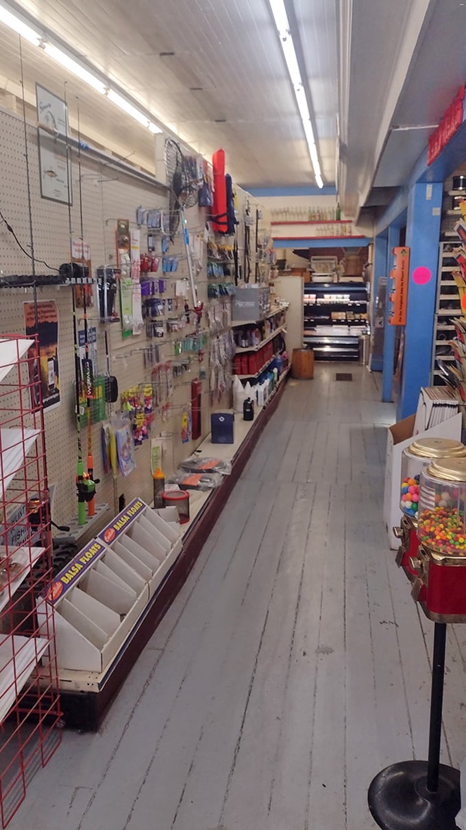 From pizza to perch! The fishing gear section reminds visitors that Banfield serves its community's needs beyond just culinary cravings.