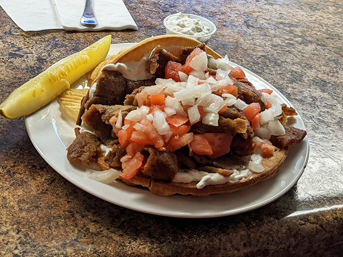 The gyro platter delivers Mediterranean flavors in the heart of the northwoods, complete with fresh toppings and tzatziki sauce.