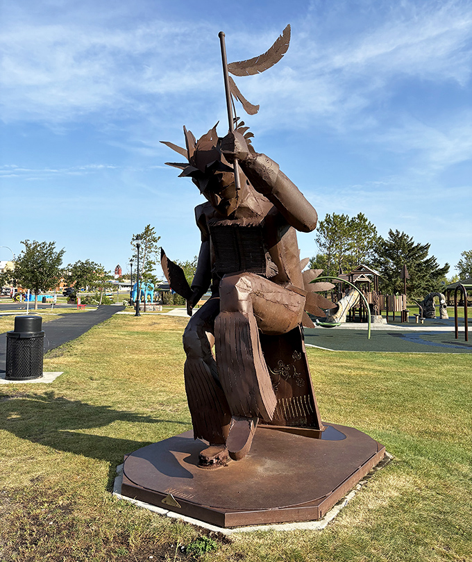 This striking sculpture honors Native American heritage, adding cultural depth to a park known for its whimsical giants.