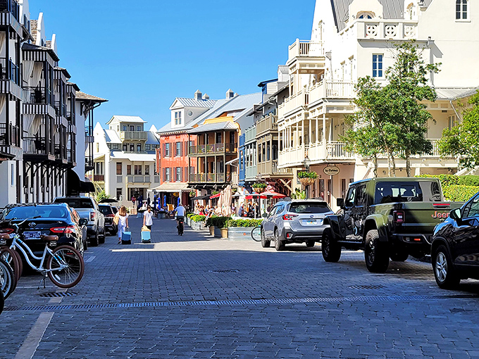 Cyclists navigate the brick-paved streets – Rosemary Beach's unofficial transportation department runs on pedal power.