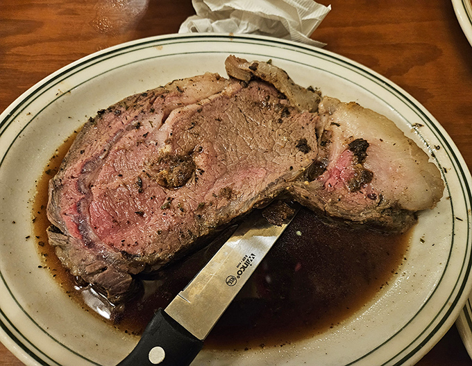 A carnivore's dream arrives with presence and authority &ndash; perfectly pink, juicy, and accompanied by its natural jus that begs for bread-sopping.