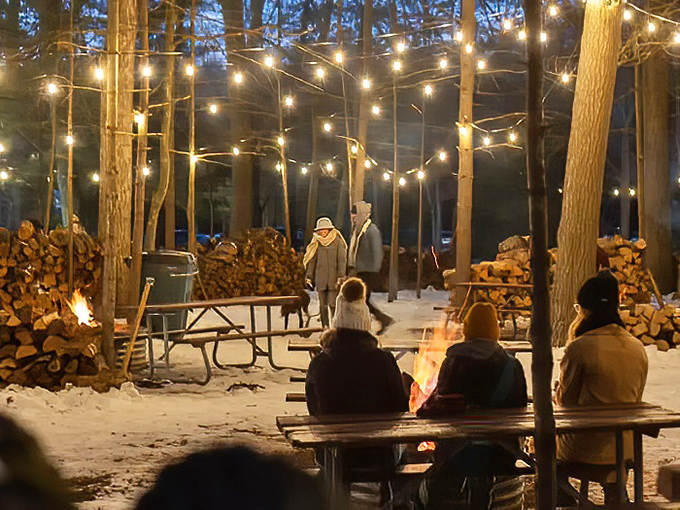 The Fire Garden becomes winter's living room, where strangers become friends over hot chocolate and shared stories of downhill adventures.