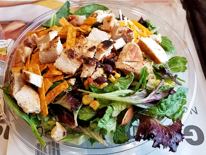 Garden-fresh option: A colorful chicken salad offers a lighter alternative while dining in one of America's most distinctive fast food locations. 