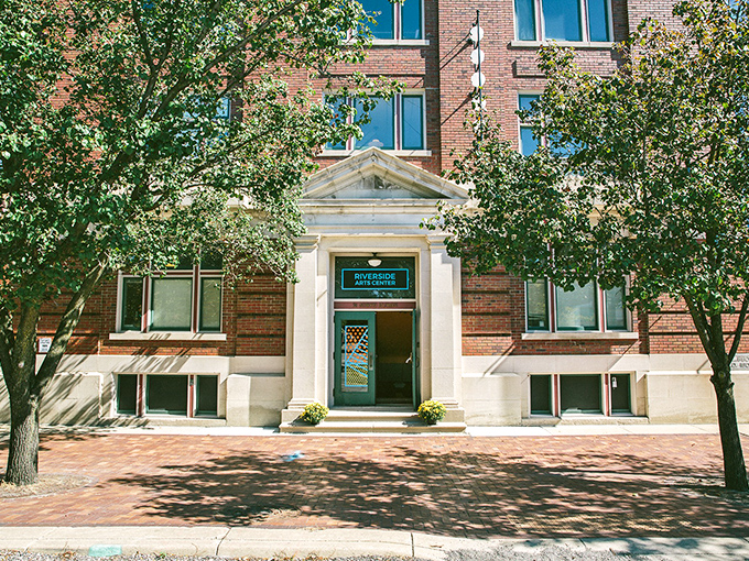 The Riverside Arts Center occupies a stately brick building, its classic architecture now housing contemporary creative expressions.