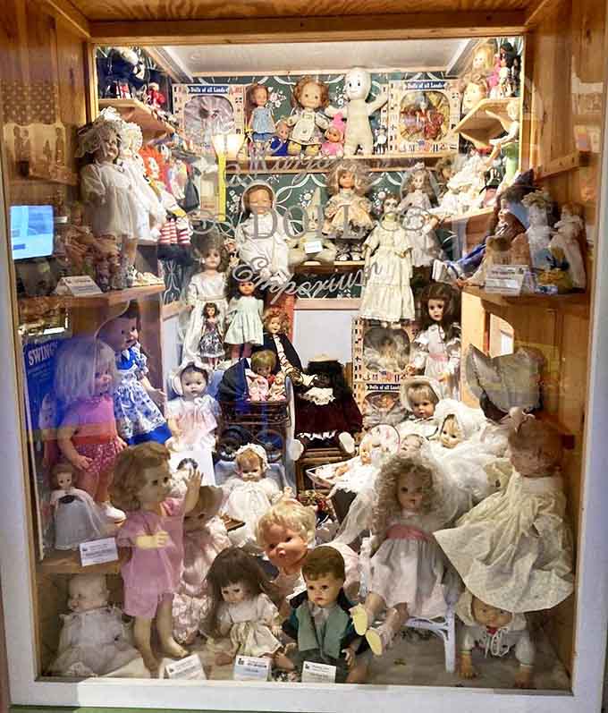 Porcelain faces from the past stare with timeless expressions in the vintage doll collection – simultaneously charming and slightly eerie.