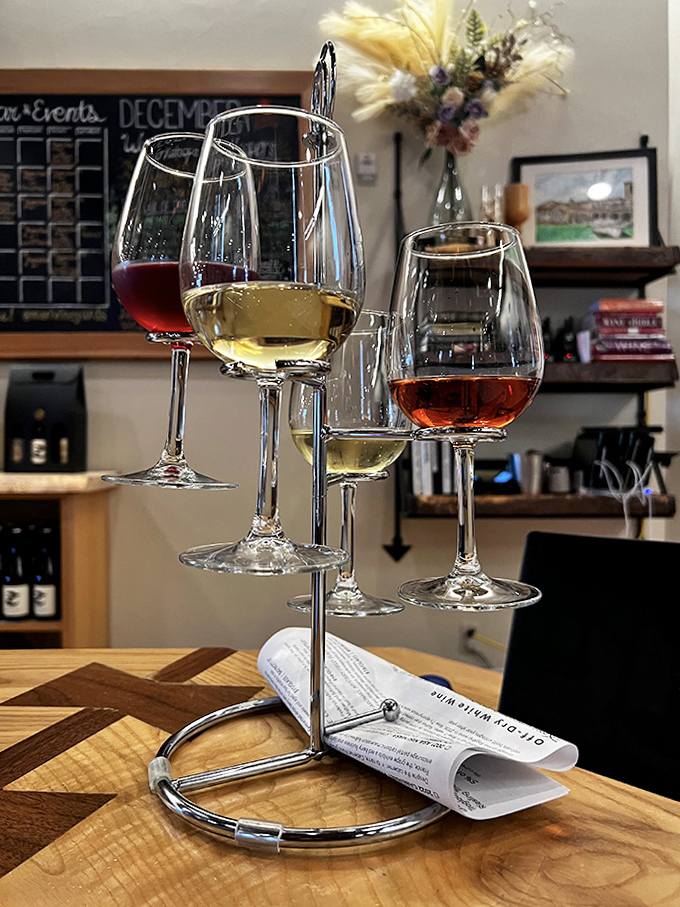 A carefully curated wine flight showcases Mari's diverse portfolio, each glass telling a different story of innovation, tradition, and Michigan's surprising viticultural potential.